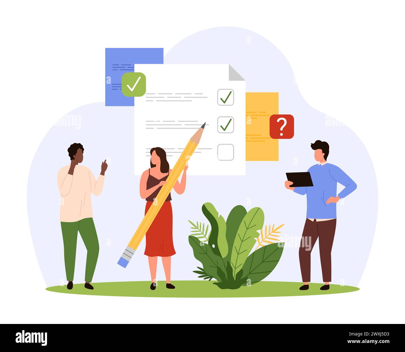 Checklist survey, notes and reminder. Tiny people holding pencil to ...