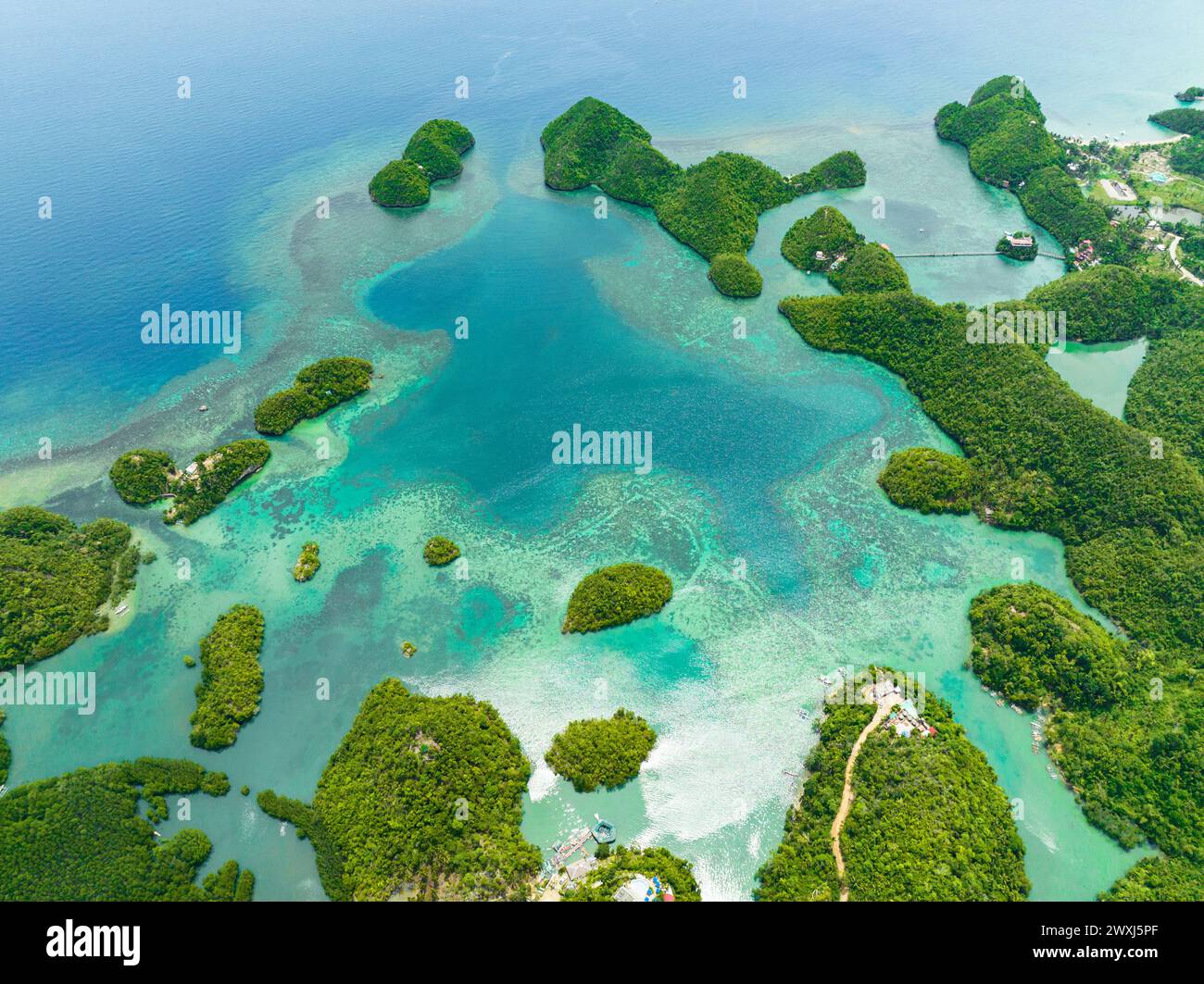 Aerial drone of bay and lagoon with islands. Seascape in the tropics ...