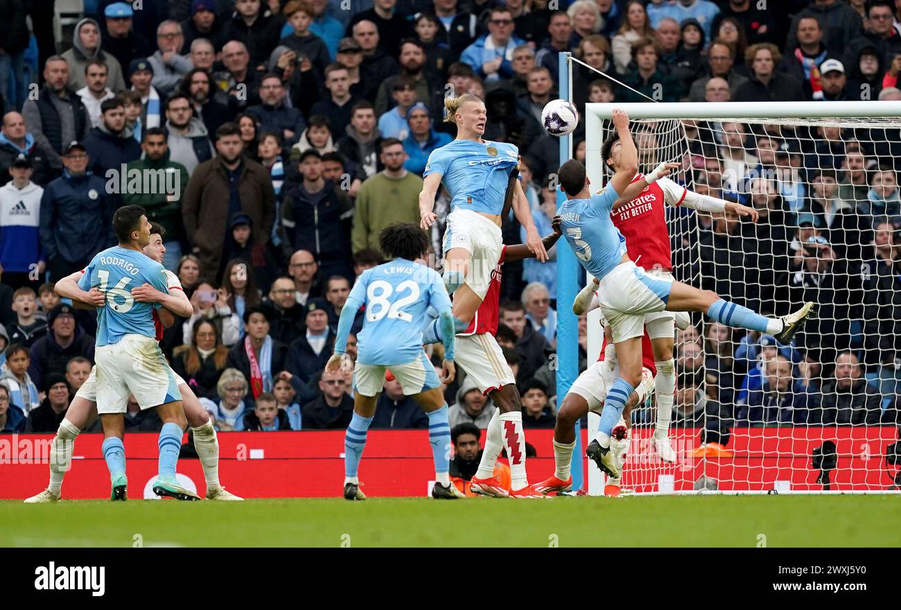 Manchester City's Erling Haaland wins a header during the Premier ...