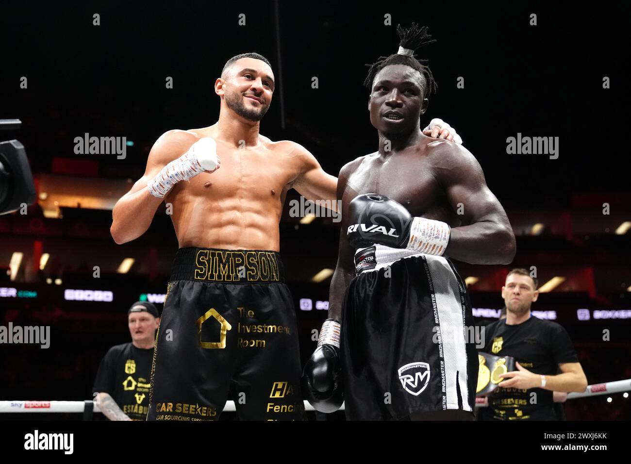 Callum Simpson (left) poses with Dulla Mbabe after their super middle weight bout at The O2 ...