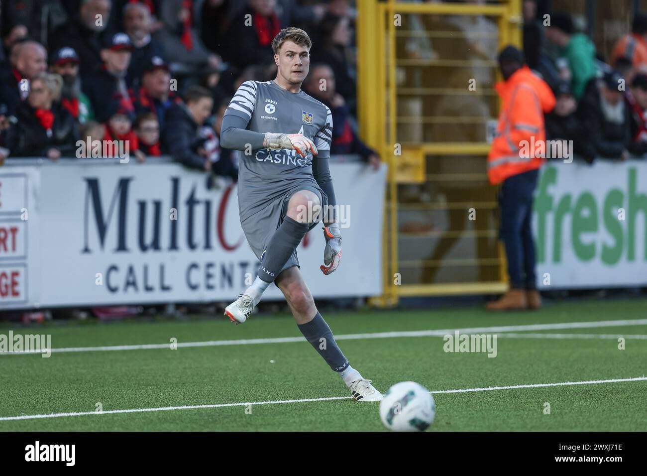 Liege, Belgium. 31st Mar, 2024. Beveren's goalkeeper Beau Reus pictured ...