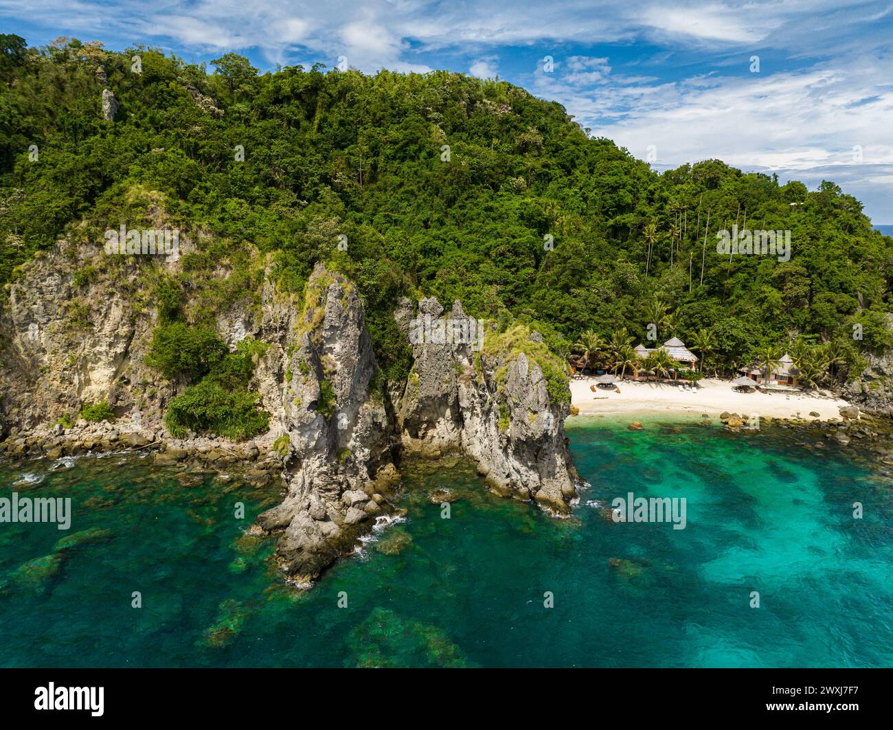 Top view of coast with beach and coral reef in the tropics. Apo Island ...
