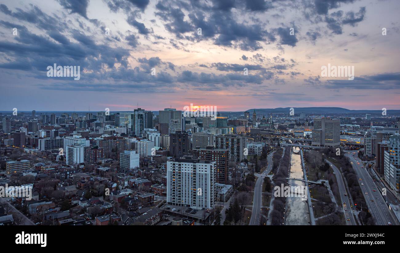 Aerial view, sunset over downtown Ottawa, Ontario, and Gatineau, Quebec ...