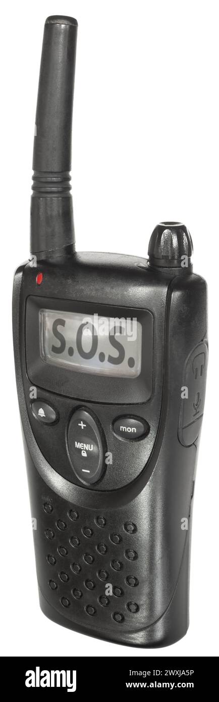 SOS signal showing on the LCD display of an isolated walkie talkie with ...