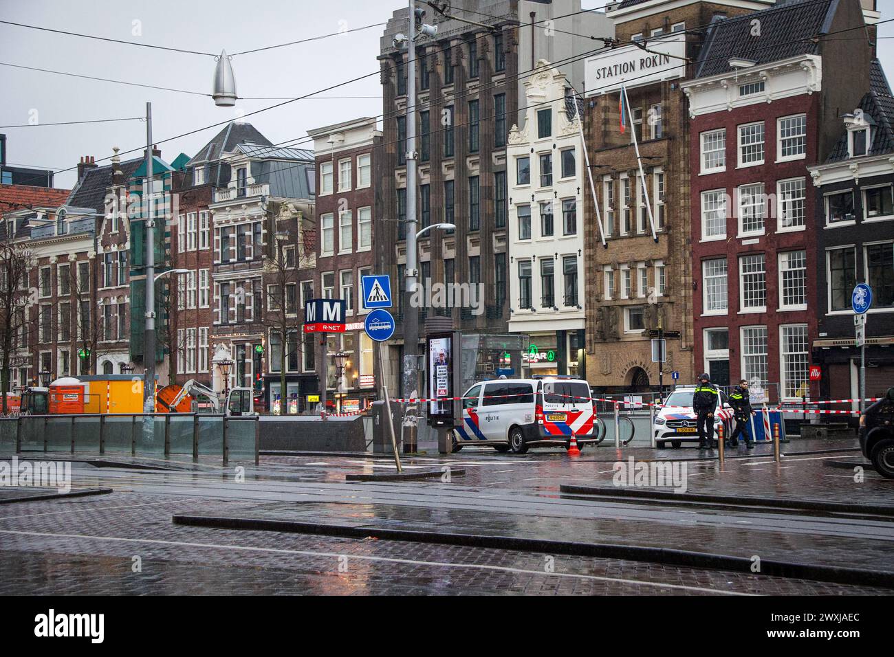 AMSTERDAM - Emergency services on the Rokin. The Rokin Metro Station ...