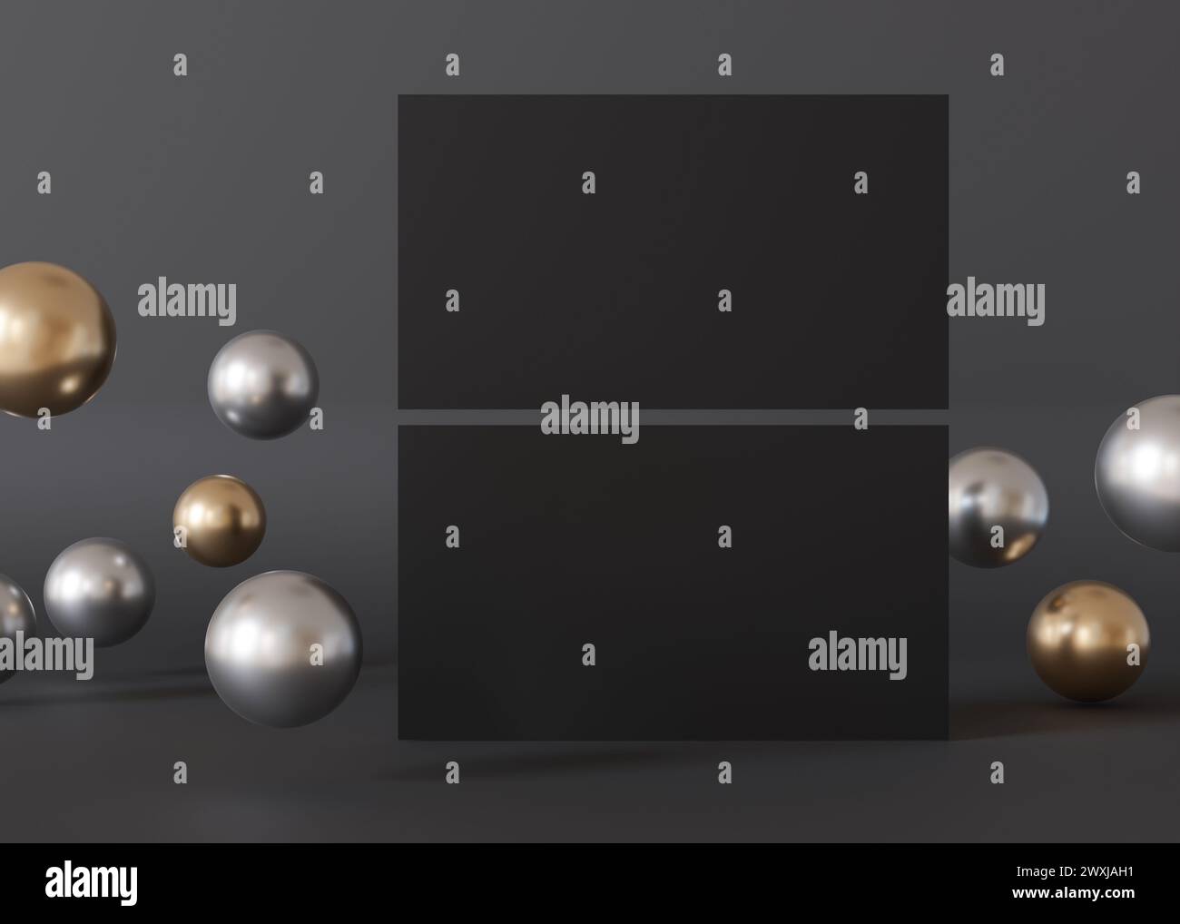 Luxurious black business cards with reflective silver and gold spheres ...