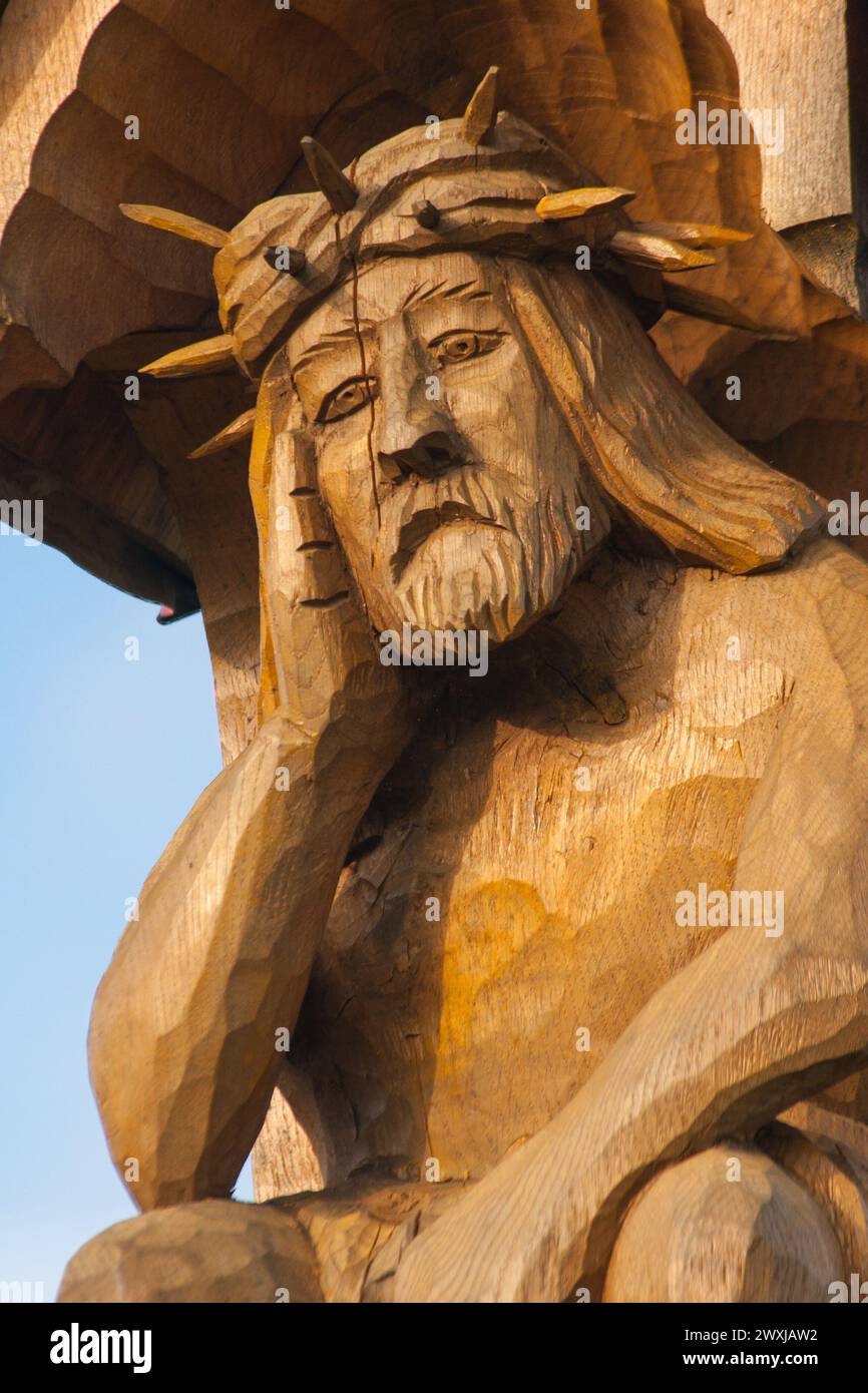 Jesus worried wooden sculpture of a rural artist, Poland, Wasilkow ...