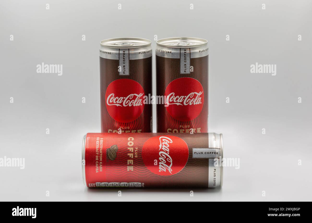 Kyiv, Ukraine - January 08, 2023: Studio shoot of Coca-Cola plus coffee ...