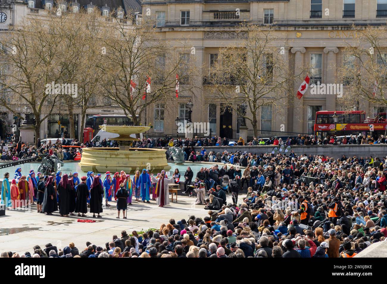 Passion Play performance in front of large crowds in Trafalgar Square ...