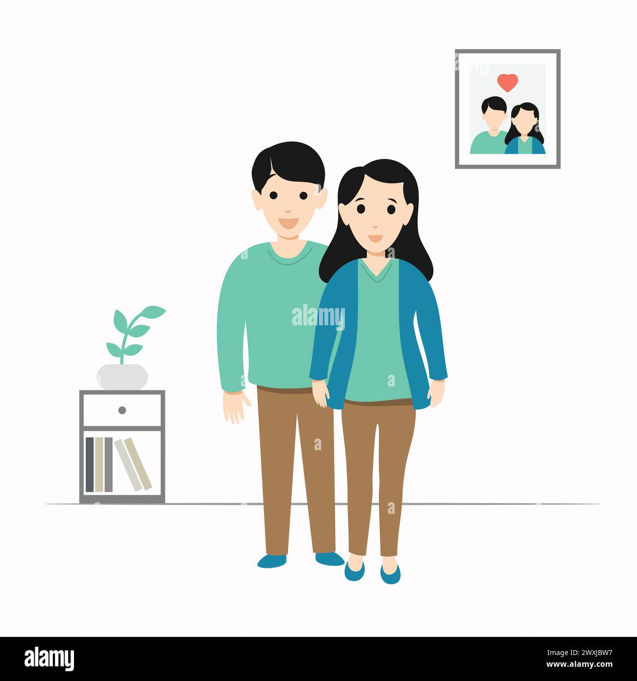 Couple avatars characters in the room colorful vector background in ...