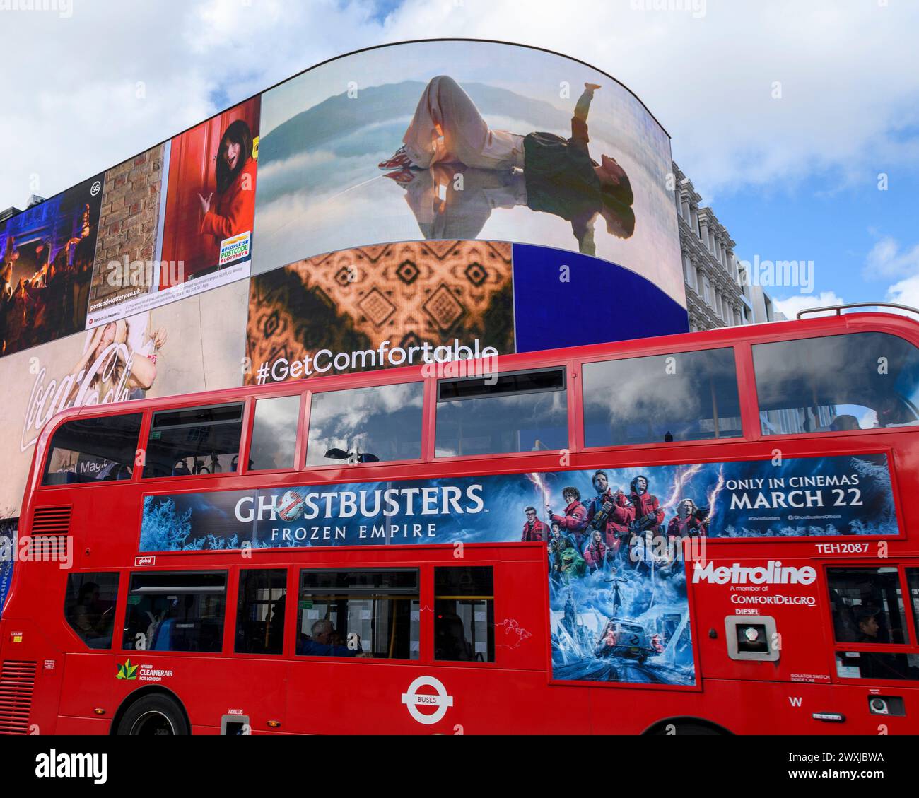 Digital advertising billboards in Piccadilly Circus, London with red ...
