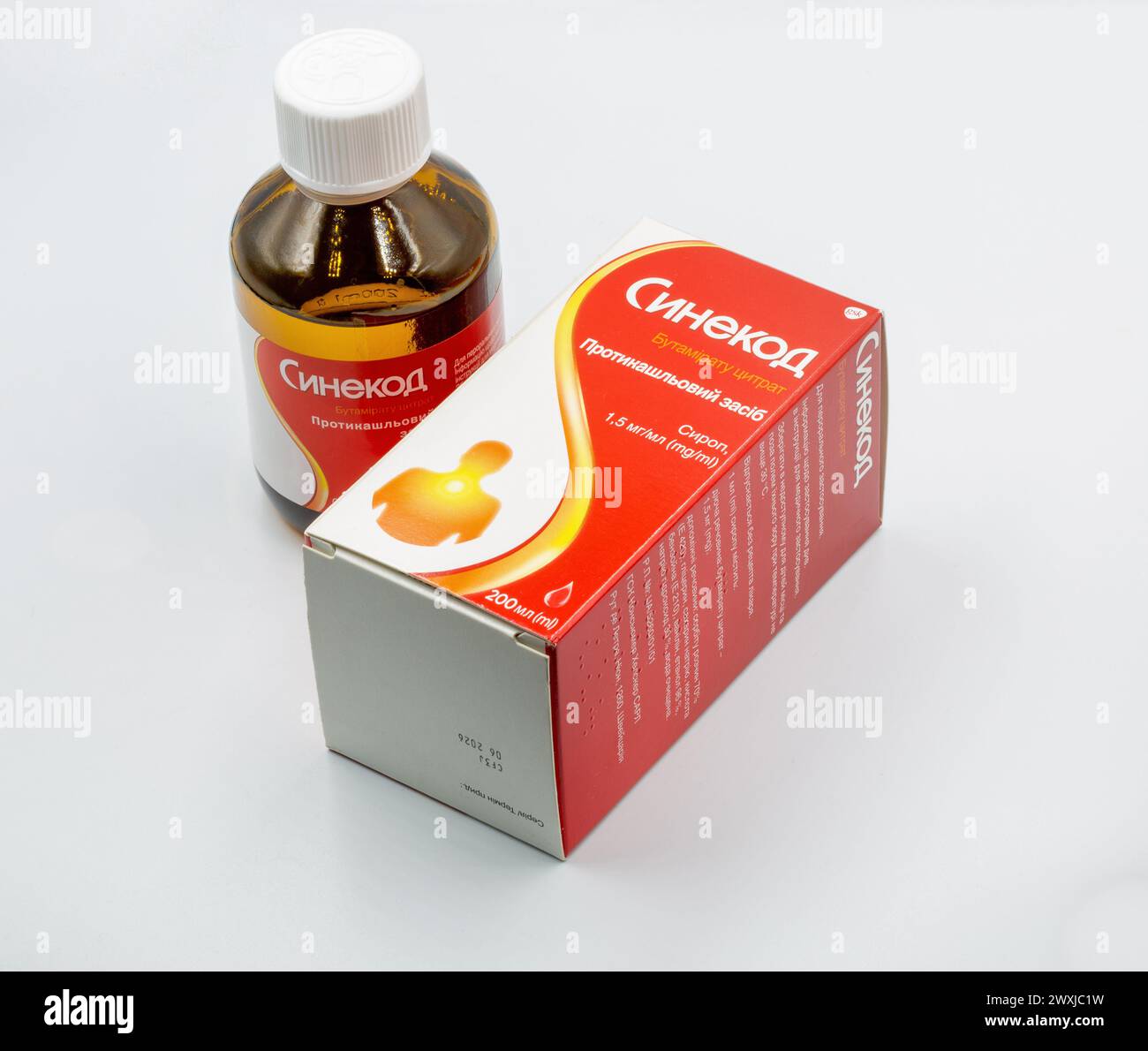 Kyiv, Ukraine - February 04, 2024: Studio shoot of GSK Sinecod syrup ...