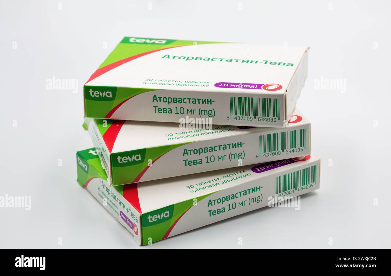 Kyiv, Ukraine - March 22, 2024: Atorvastatin generic drug boxes by Teva ...