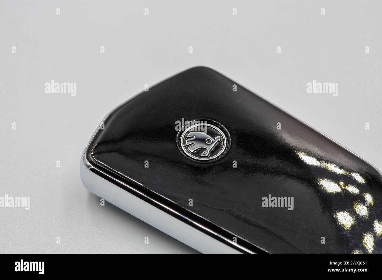 Kyiv, Ukraine - March 29, 2024: Skoda Octavia A8 modern remote car key closeup on white. Skoda ...