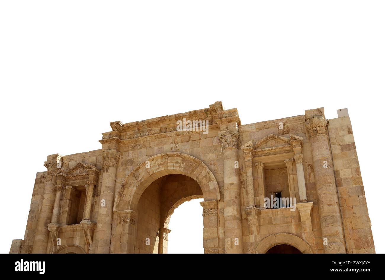 Roman ruins (carved on white background) in the Jordanian city of ...