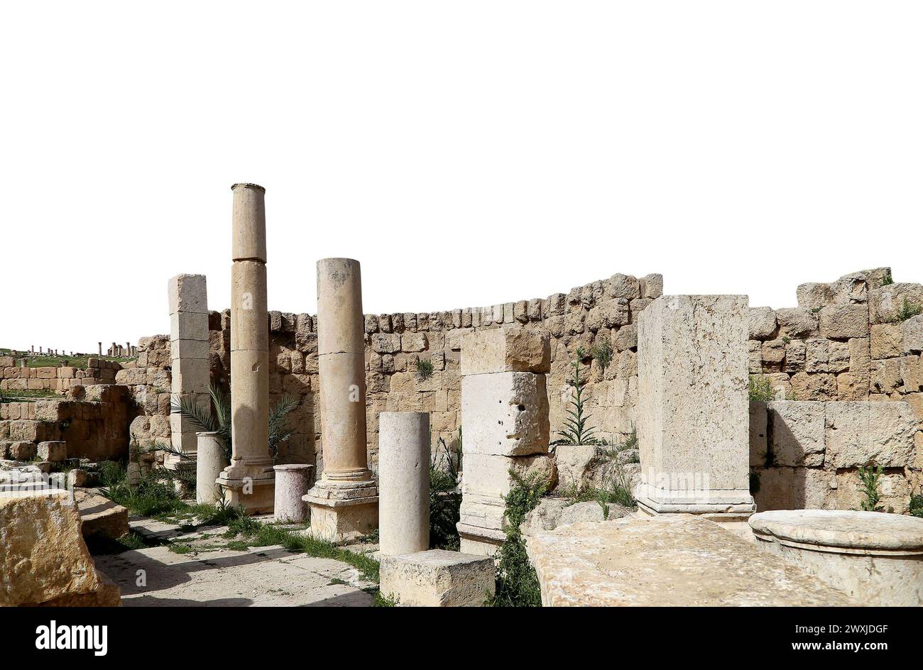 Roman ruins (carved on white background) in the Jordanian city of ...