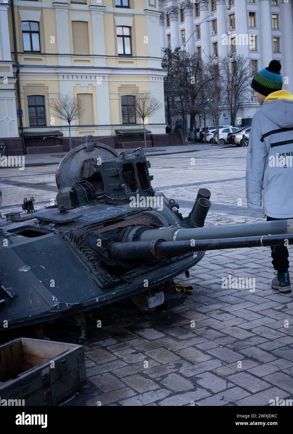 Burned out Russian tanks are being displayed on St. Michael's Square in ...