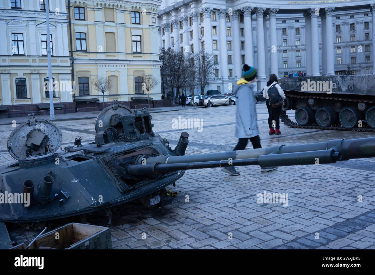 Burned out Russian tanks are being displayed on St. Michael's Square in ...