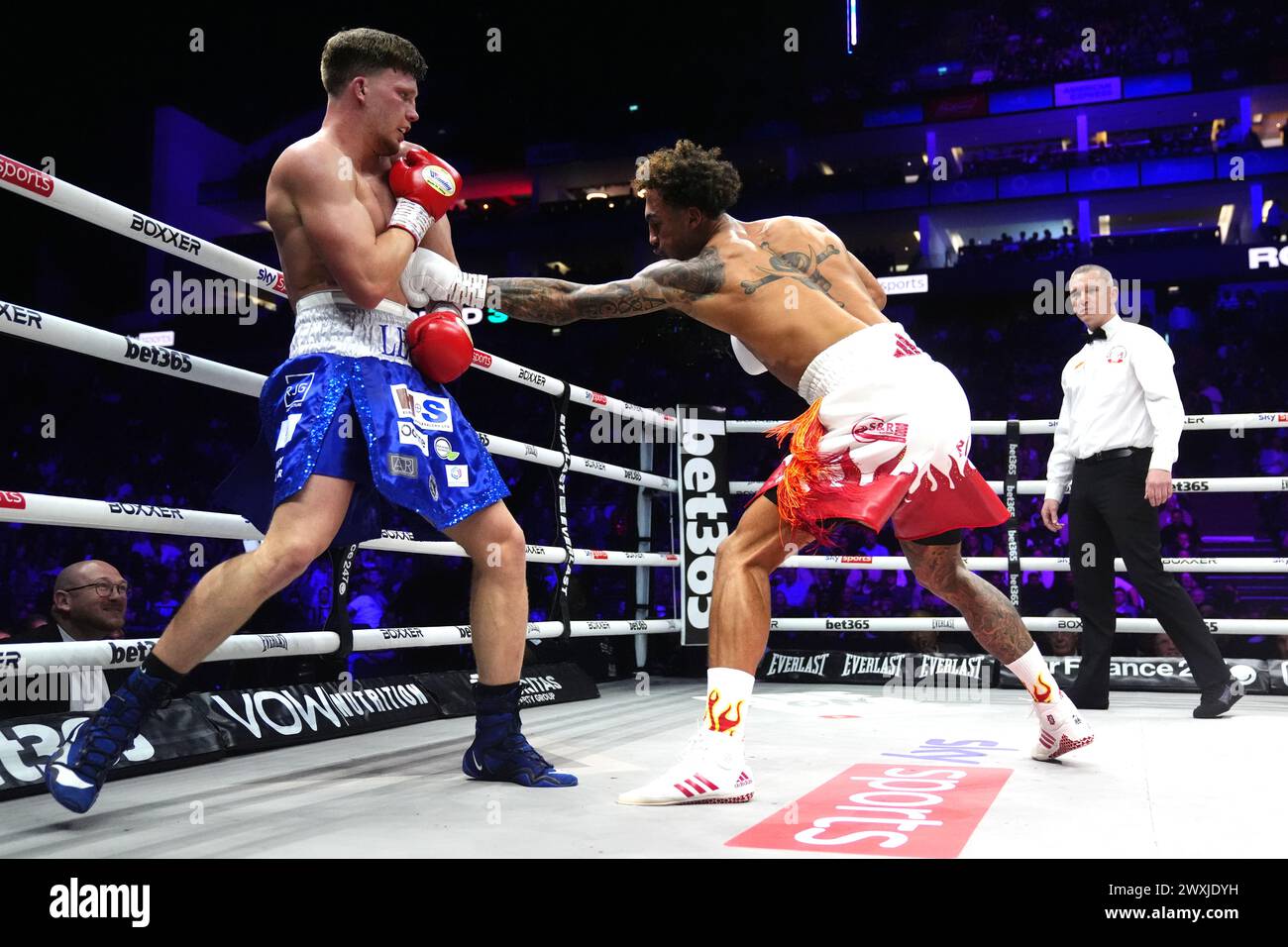 Ben Whittaker (right) and Leon Willings in action during their light heavy weight bout at The O2 ...