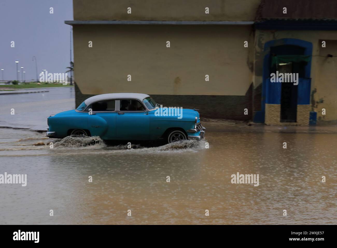 127 Blue almendron car -Chevrolet classic from 1954- drives up Marina ...