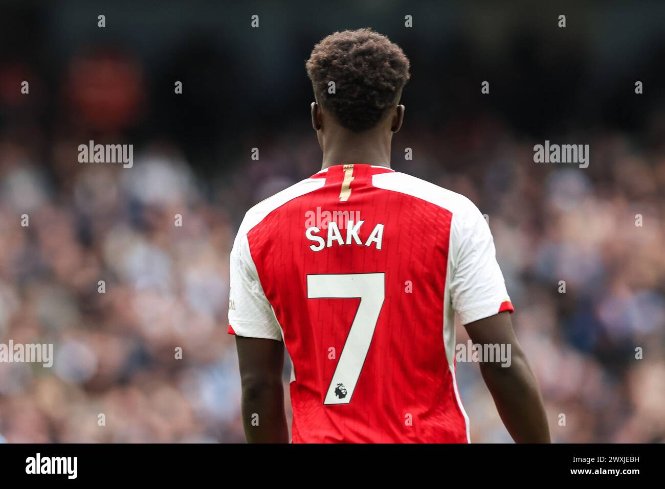 The back of Bukayo Saka of Arsenal shirtl during the Premier League match Manchester City vs ...