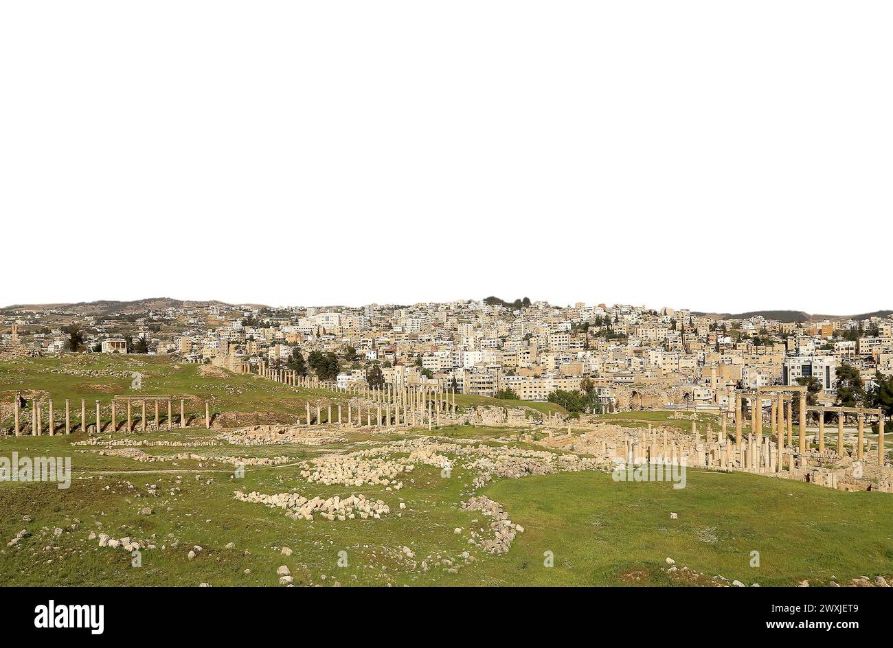 Roman ruins (carved on white background) in the Jordanian city of ...