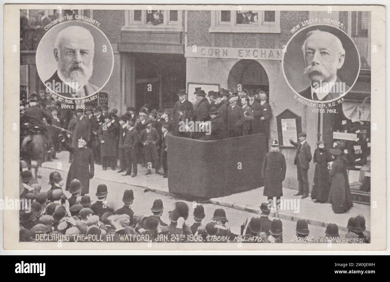Declaring the poll at Watford, 1906 general election: postcard showing ...