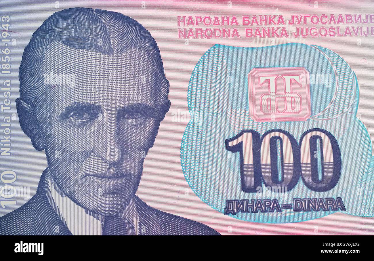 Portrait of serbian inventor Nikola Tesla on Yugoslavia 100 Dinara ...
