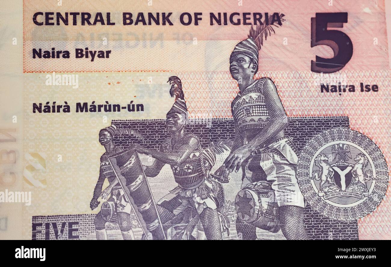 African tribal native motif with drummers on Nigeria 5 Naira currency ...