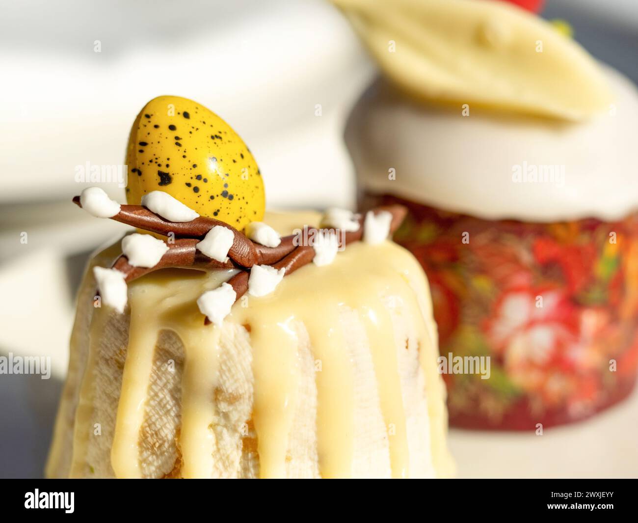 Traditional Easter cottage cheese dessert Paskha decorated with quail ...