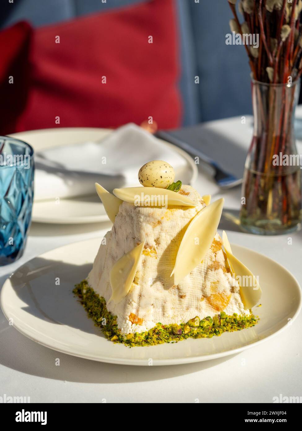 Traditional Easter cottage cheese dessert Paskha decorated with quail ...