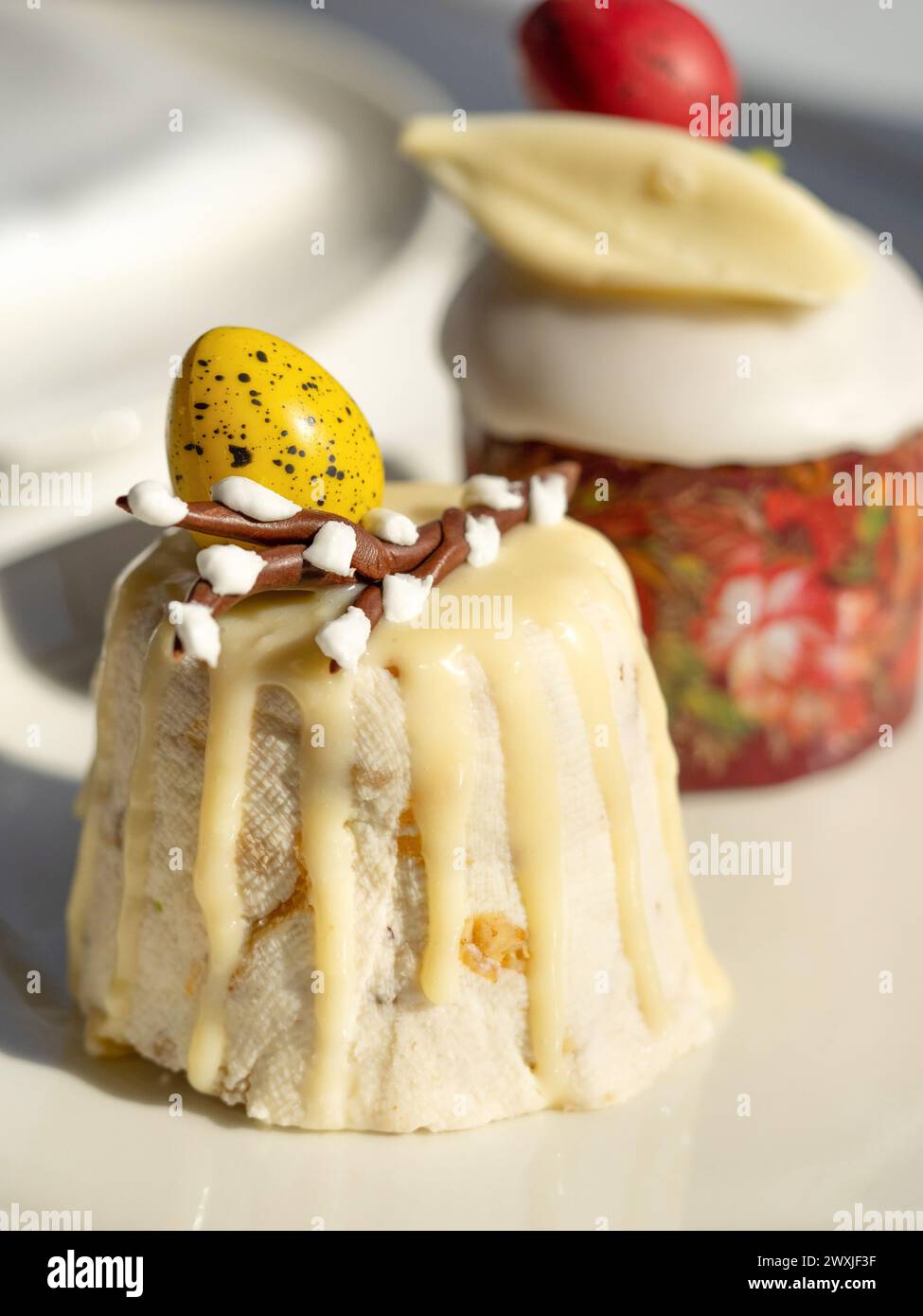Traditional Easter cottage cheese dessert Paskha decorated with quail ...
