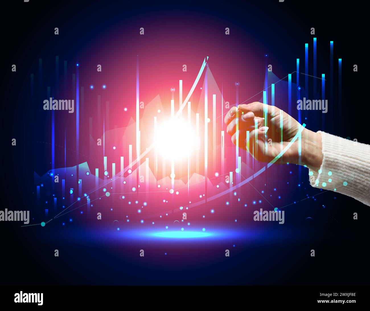 Virtual neon graph and female hand, profit analysis and sales growth ...