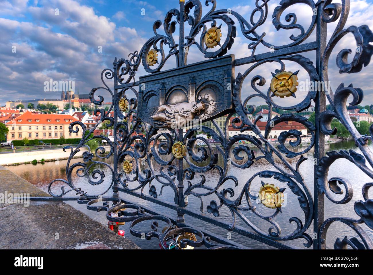 Bronze relief, Saint Nepomuk falling over the bridge, laying hands on ...