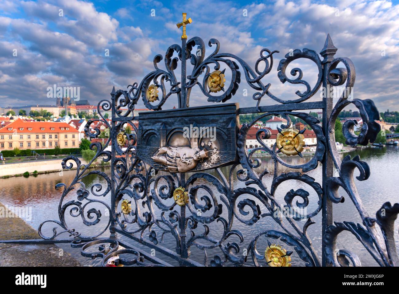 Bronze relief, Saint Nepomuk falling over the bridge, laying hands on ...