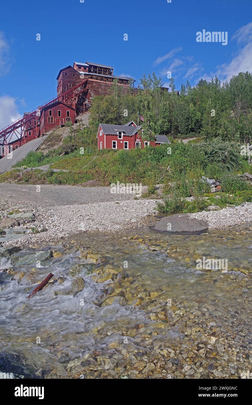 Old industrial ruins on the hillside, copper mining, red wooden ...