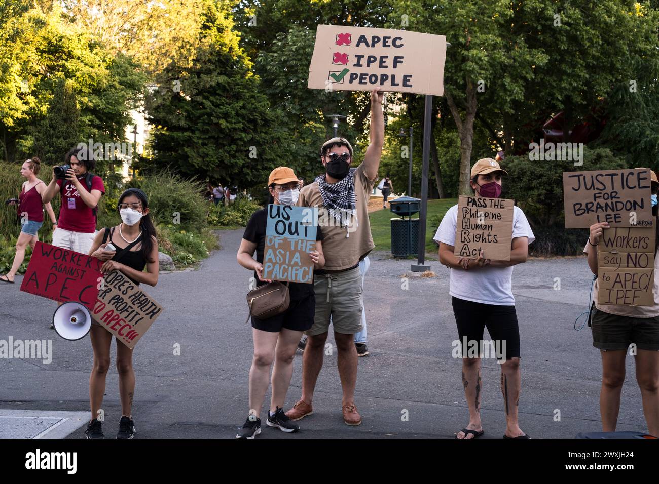 Seattle, USA. 15 Aug, 2023. A small APEC protest at the Seattle Center ...