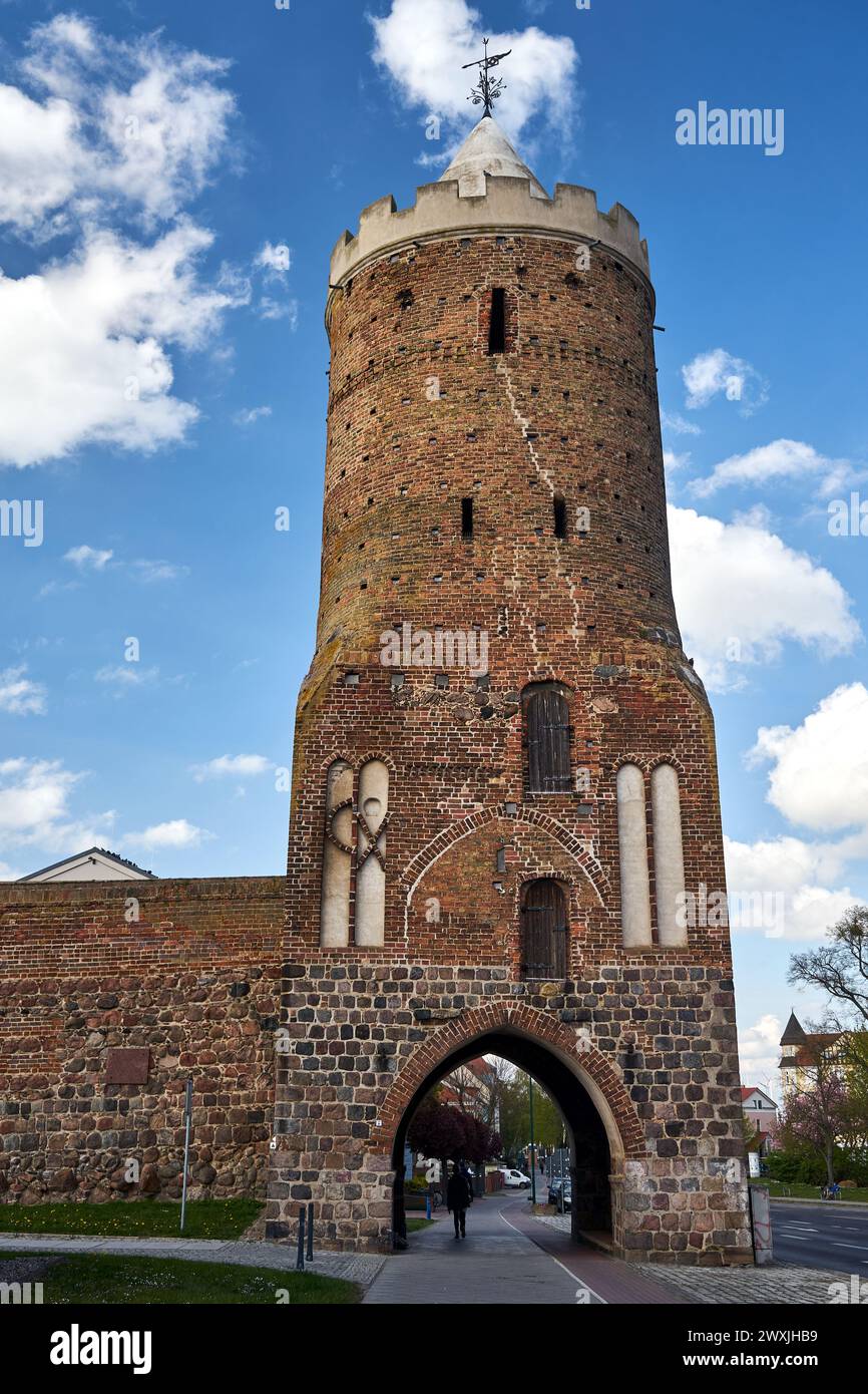 medieval fortifications with a brick tower and a stone wall in Prenzlau ...