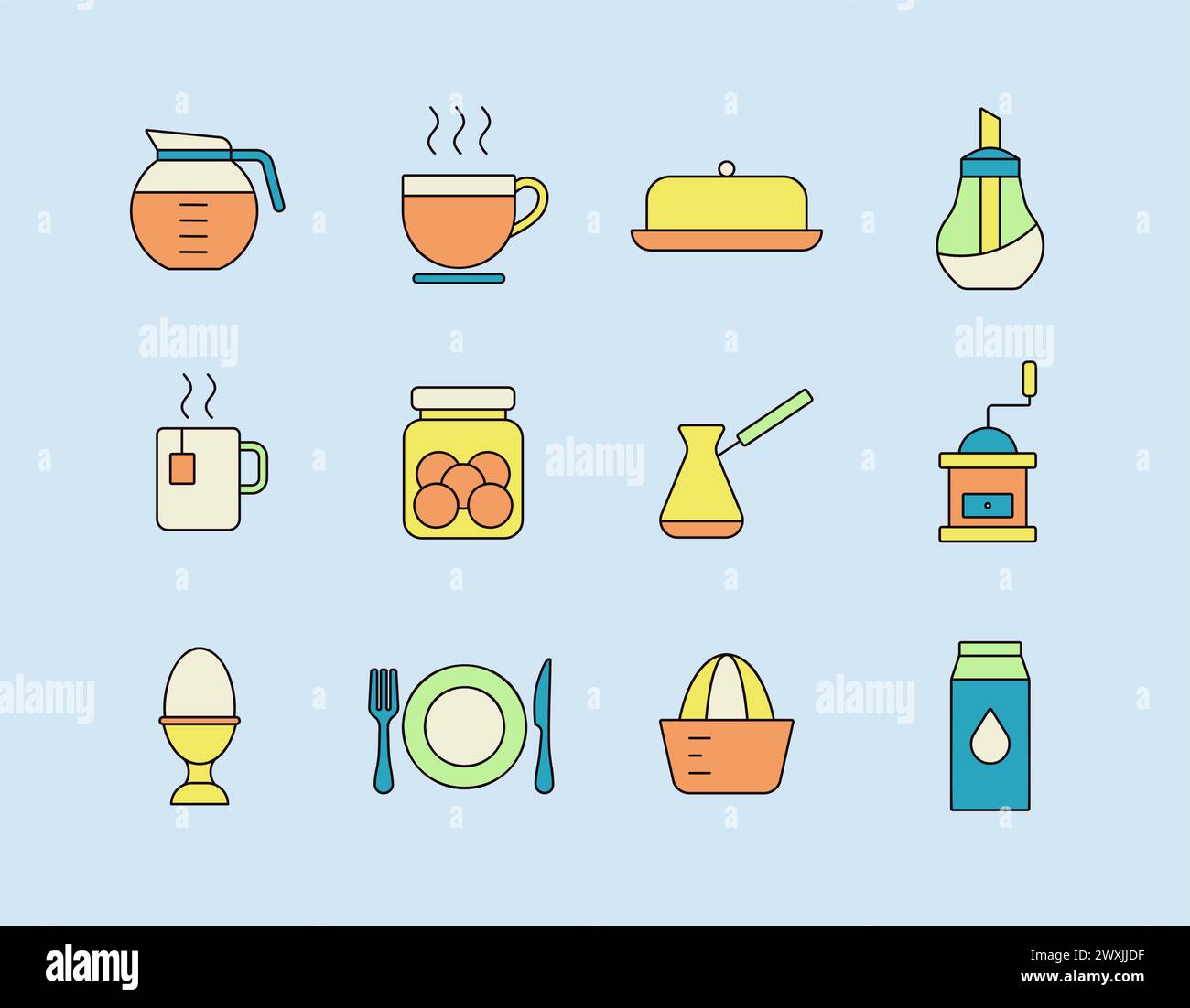 Breakfast and kitchen vector color icon set. Graph symbol for cooking ...