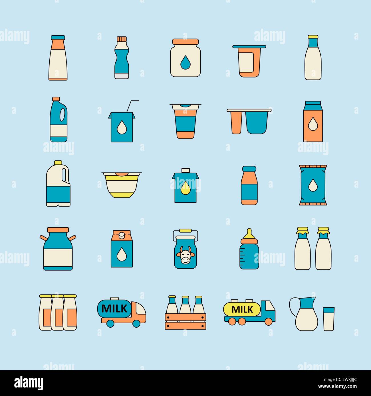 Milk cans and bottles vector icon. Dairy products sign. Graph symbol ...