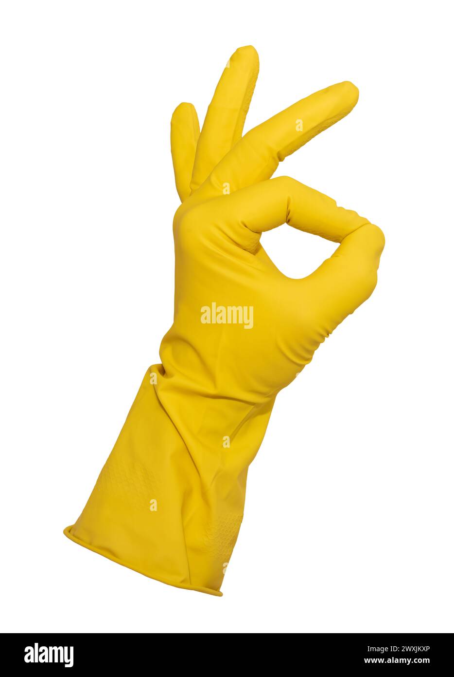 A hand in yellow rubber gloves shows a thumbs up on a white background ...