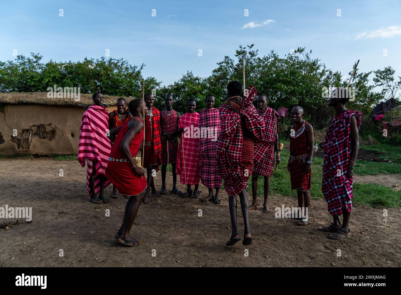Masai tribe members jumping during ritual celebration in kenya masai ...