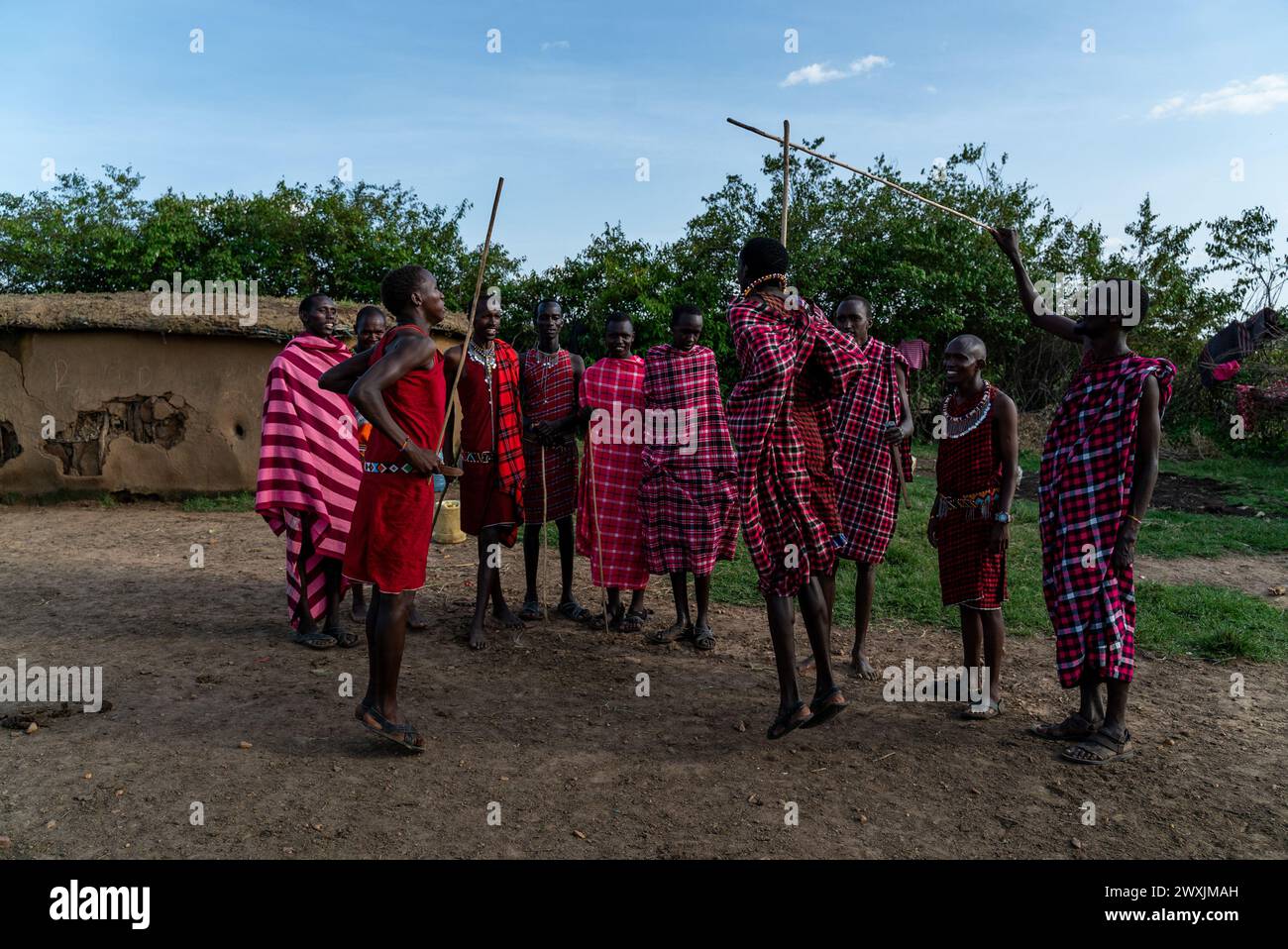 Masai tribe members jumping during ritual celebration in kenya masai ...