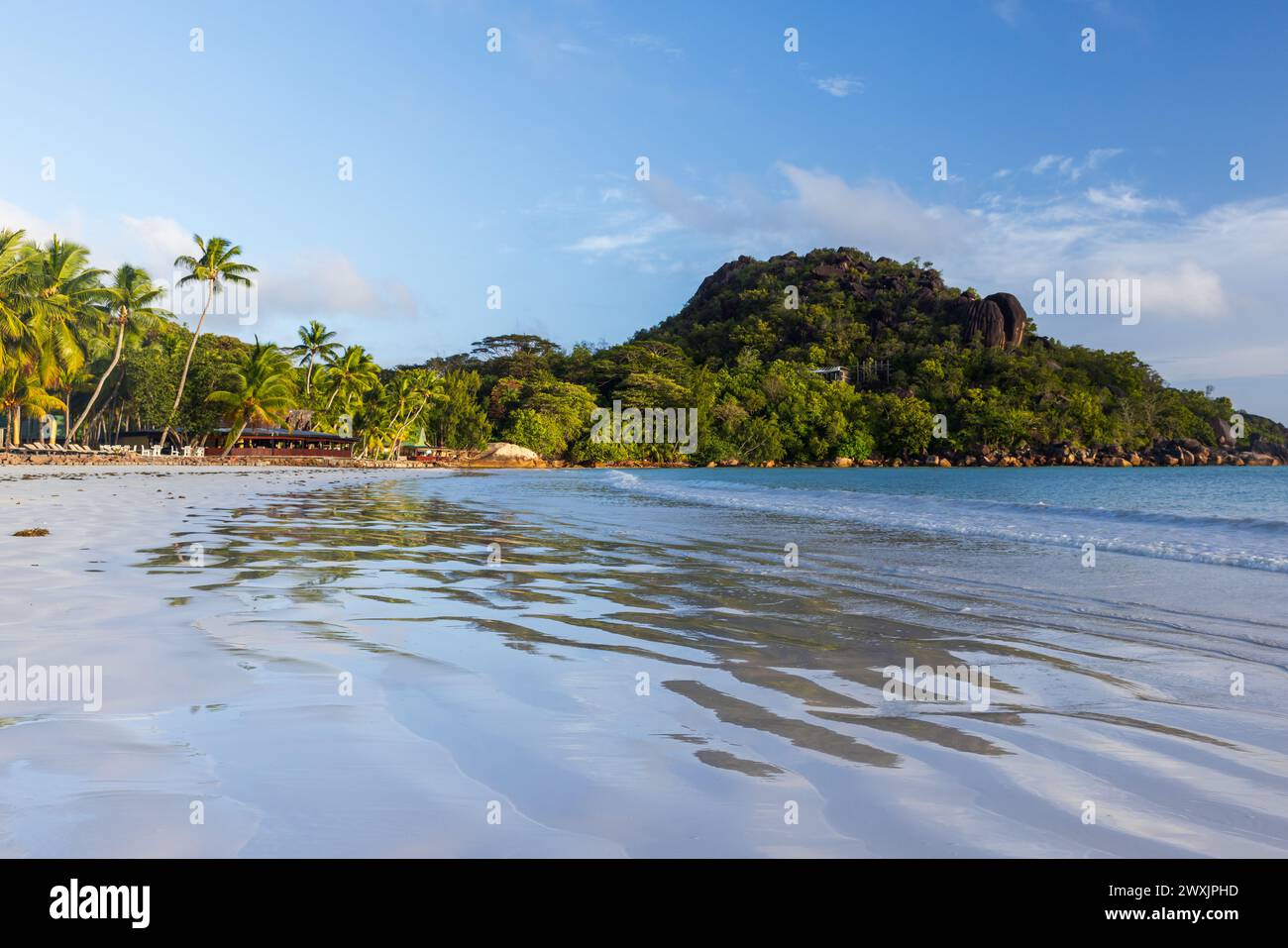 Praslin island, Seychelles, Cote D'Or Beach landscape. Coastal view ...
