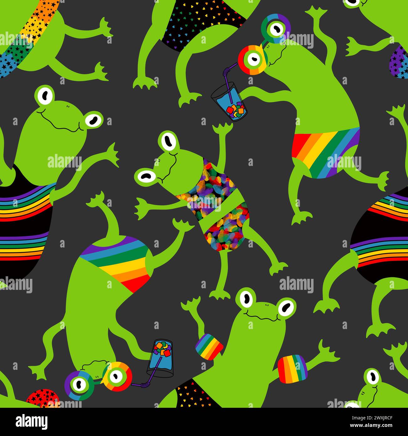 Cartoon summer print with rainbow lgbt frogs seamless pride animals ...