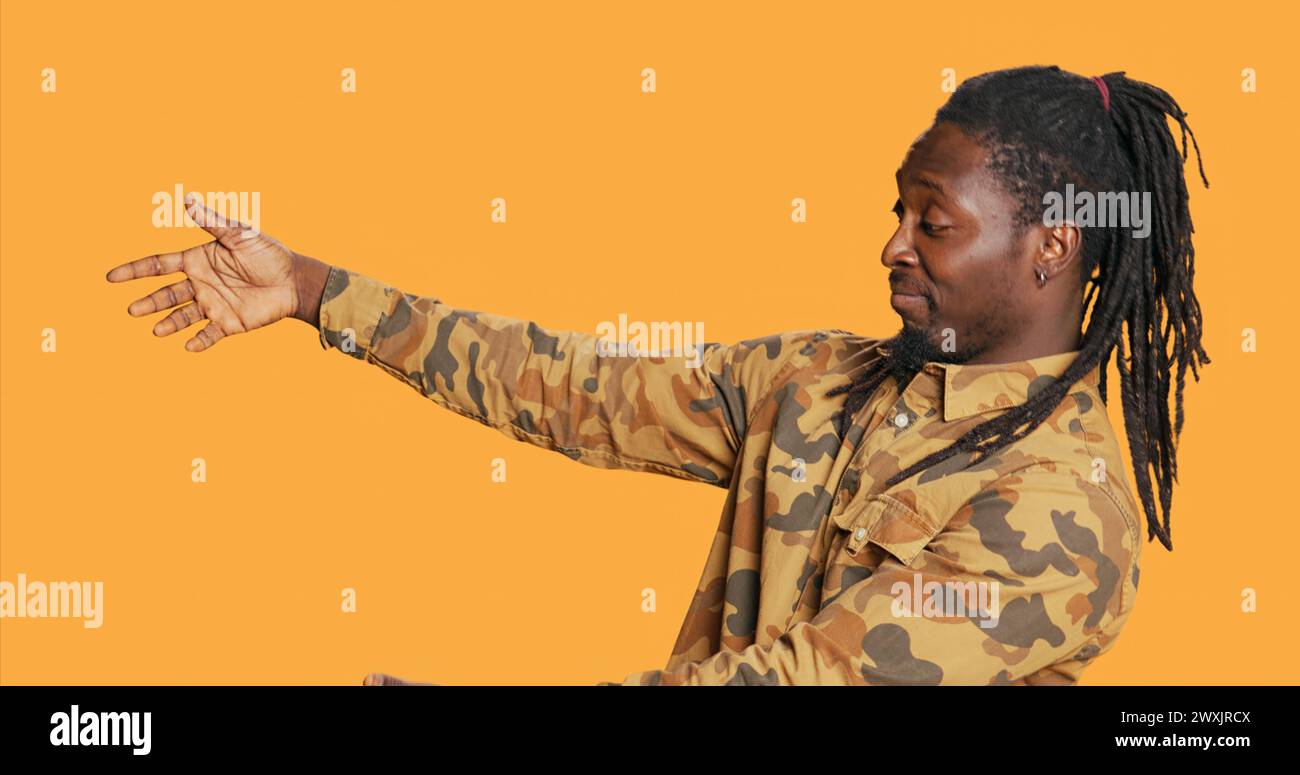 African american guy does advertisement for web marketing, showing ...