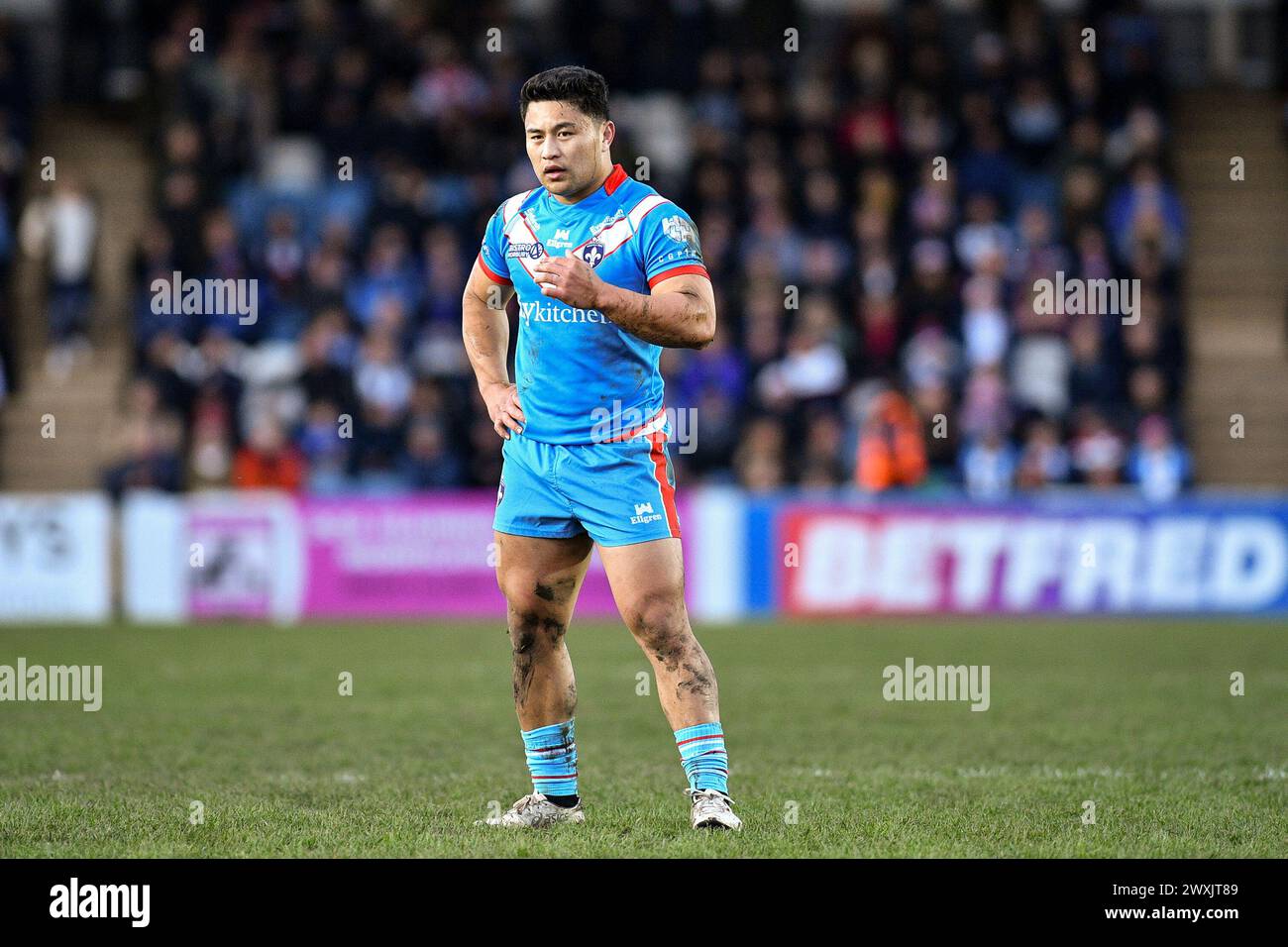 Featherstone, England - 29th March 2024 Wakefield Trinity's Mason Lino ...