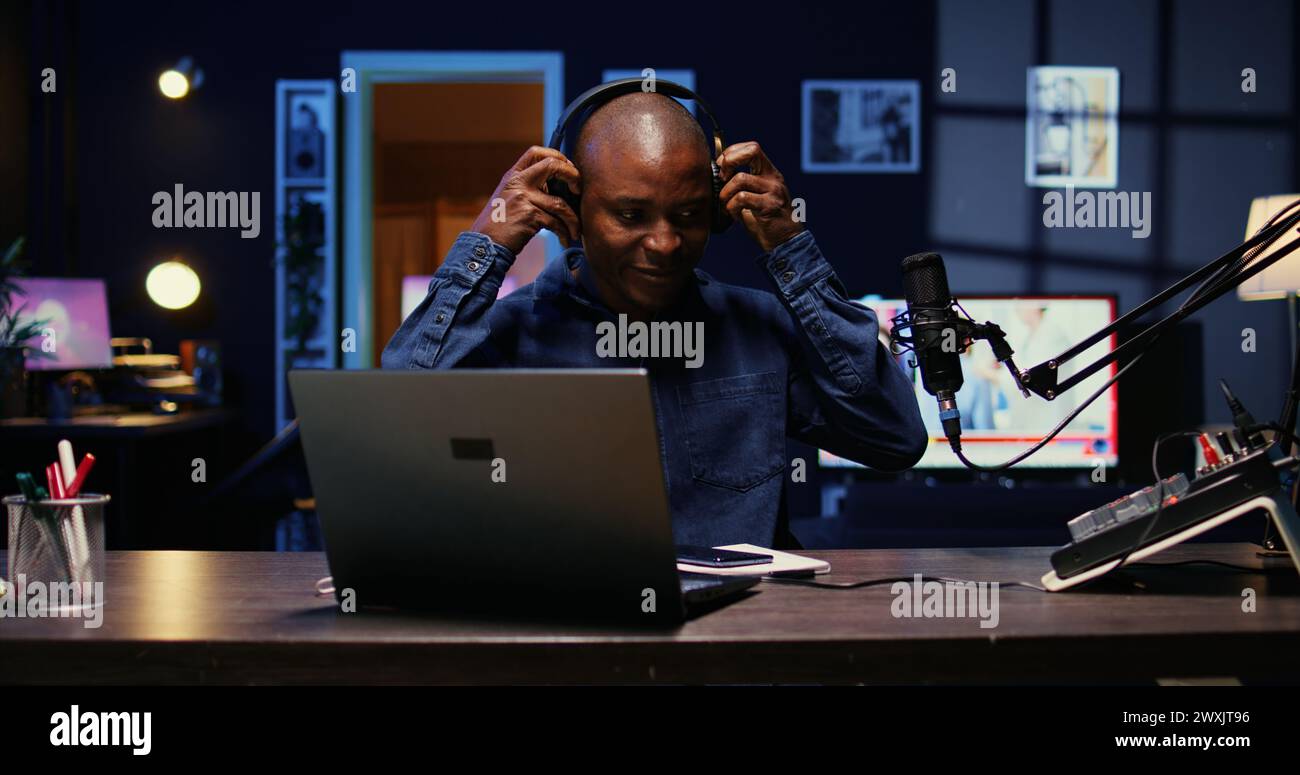 Portrait of african american man starting live broadcast on streaming ...
