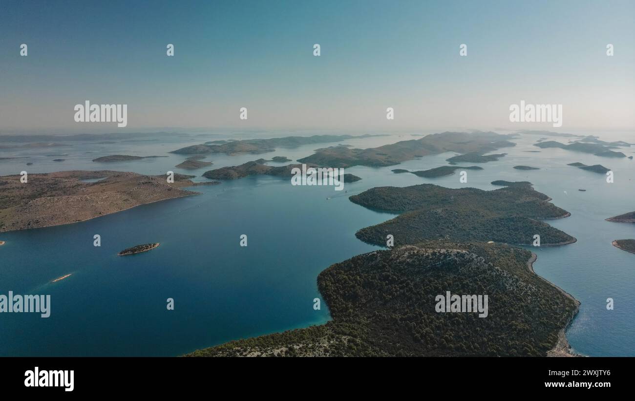 Drone wide panoramic view of Telascica bay, islands to horizon in blue ...