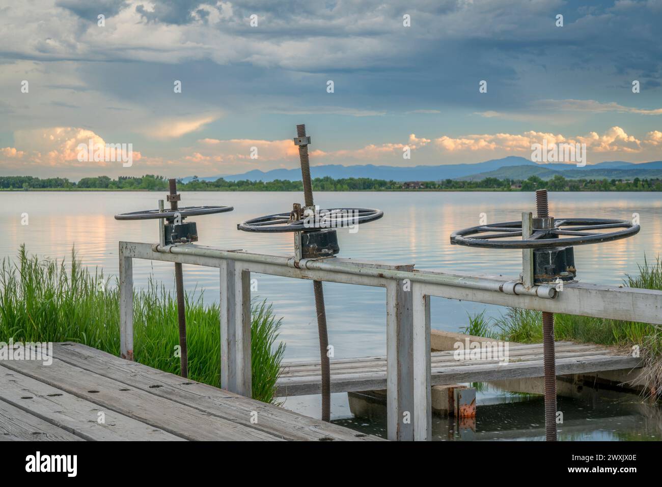 irrigation ditch with headgates and outlet to Lonetree Reservoir at ...